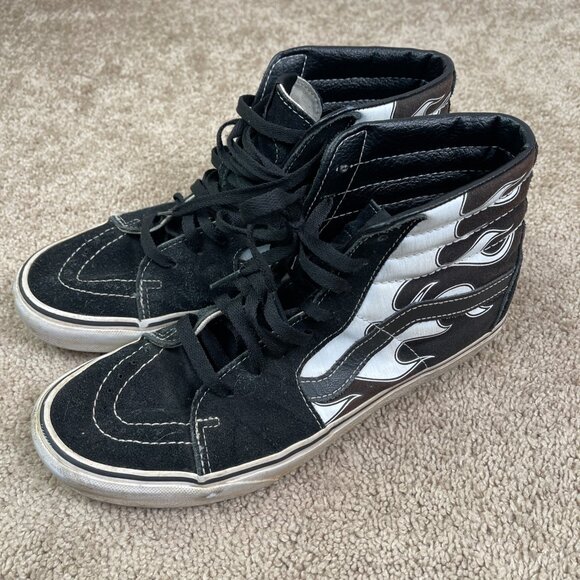 Vans | Shoes | Vans Sneakers Mens 95 Black White Flames High Top Skater ...